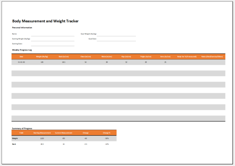 Body Measurement and Weight Tracker Template for Excel
