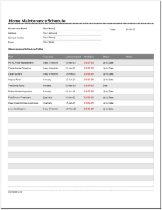 Home Maintenance Schedule Template for Excel | Download File