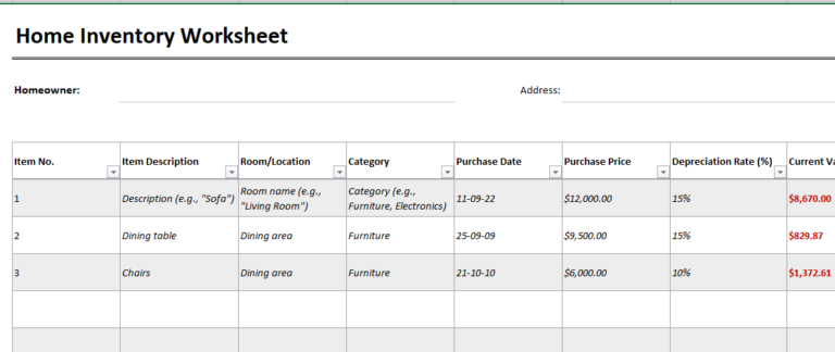 Home Inventory Template for Excel | Download (.xlsx) File