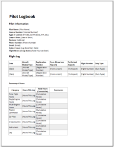 Printable Pilot Logbook Template for Excel | Download File