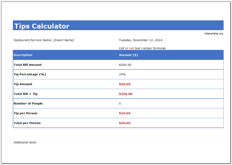 Tips Calculator Template for Excel | Excel Templates