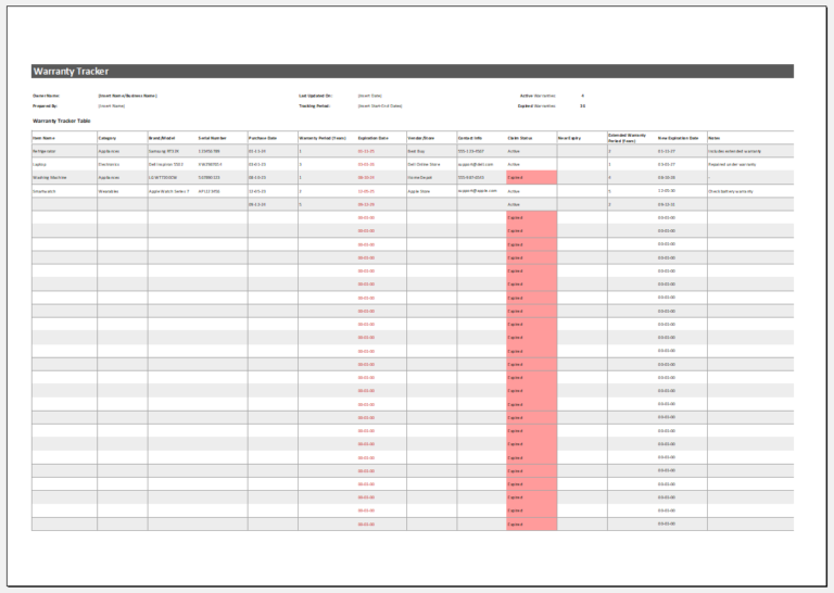 MS Excel Printable Warranty Tracker Templates | Download