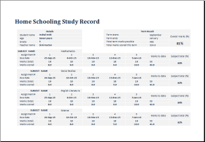 Excel Home Schooling Study Record Template | Excel Templates