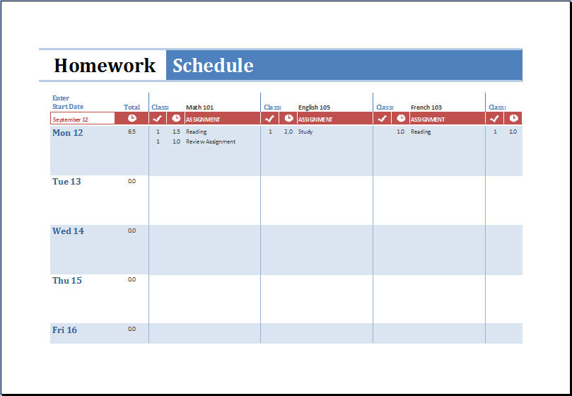 MS Excel Printable Homework Schedule Template Excel Templates