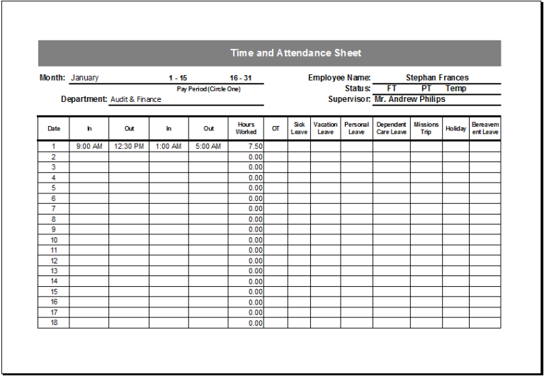 Editable Printable Time and Attendance Sheet | Download