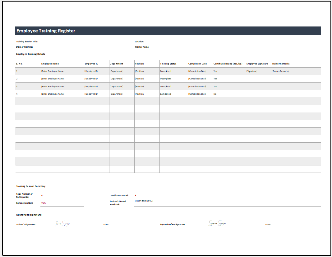 Employee Training Register Templates for Excel | Download