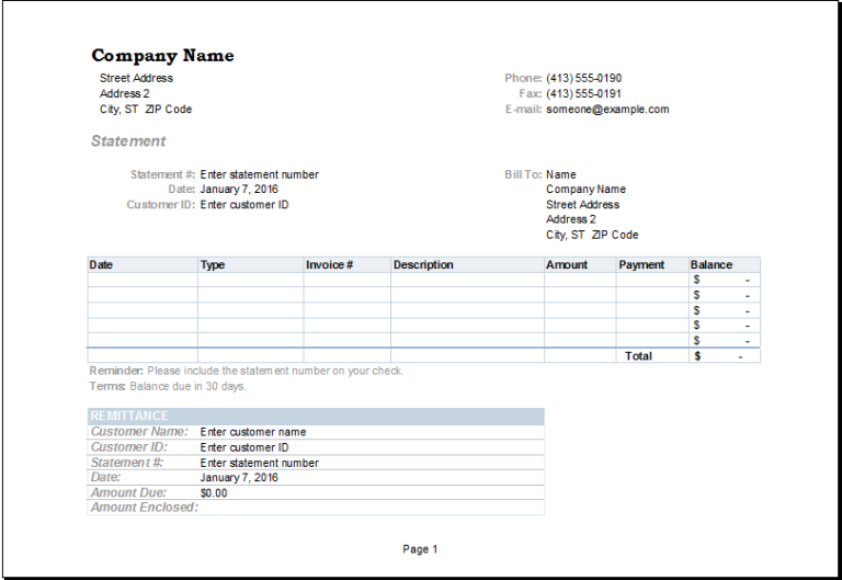 MS Excel Billing Statement Editable Printable Template | Excel Templates