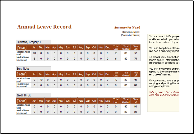 Employee Annual Leave Record Spreadsheet For Excel | Save