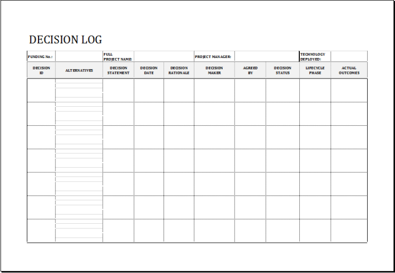 Printable Decision Log Templates for Excel | Excel Templates