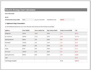 Electric Energy Cost Calculator Template for Excel | Save