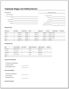 Employee Wages and Holiday Record Worksheet | Download File