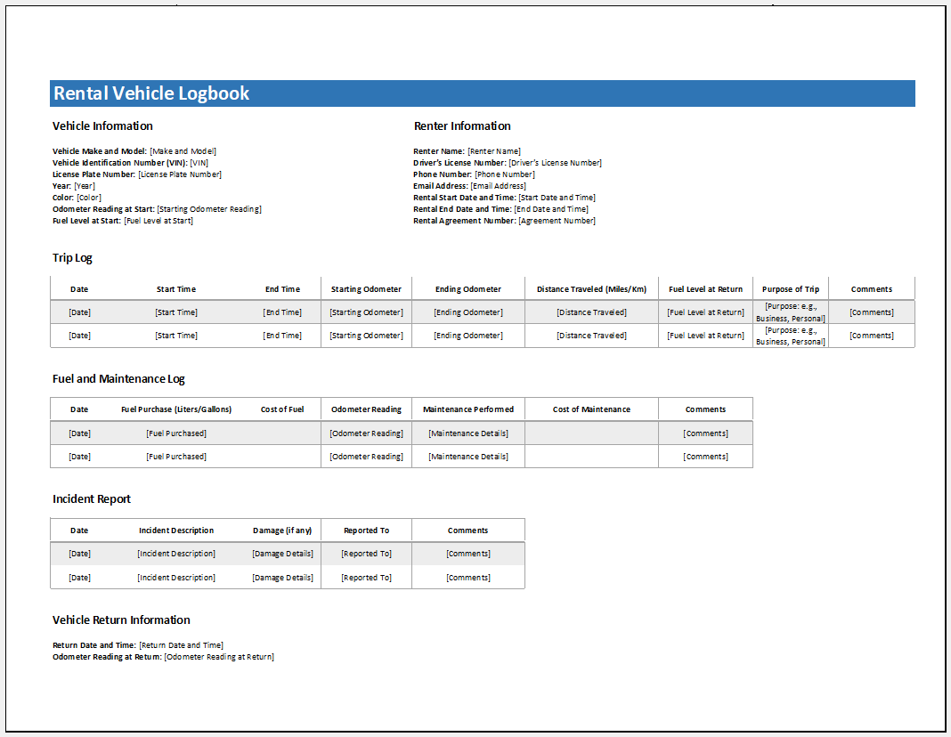 Rental Vehicle Logbook Template for Excel | Excel Templates
