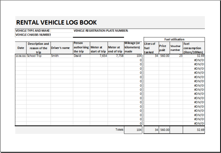 Rental Vehicle Logbook Template for Excel | Excel Templates