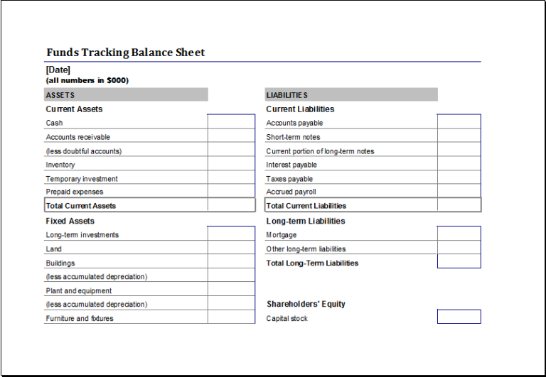 Funds Tracking Balance Sheet Template for Excel | Download