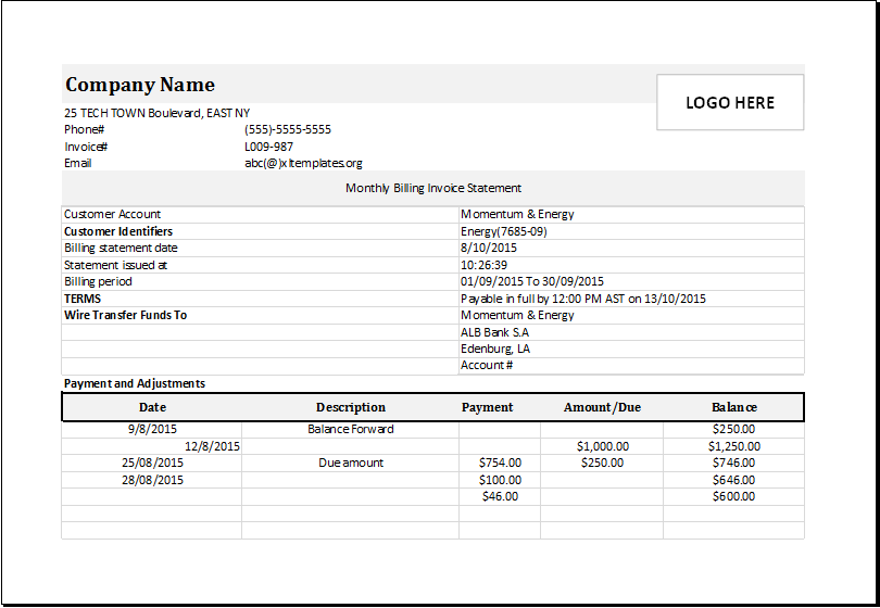 Monthly Billing Invoice Statement For EXCEL Excel Templates Monthly Billing Invoice Statement For EXCEL Excel Templates