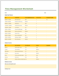 Time Management Worksheet Template for Excel | Download