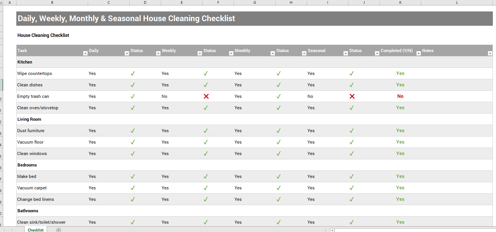 Daily, Weekly, Monthly & Seasonal House Cleaning Checklist | Excel ...