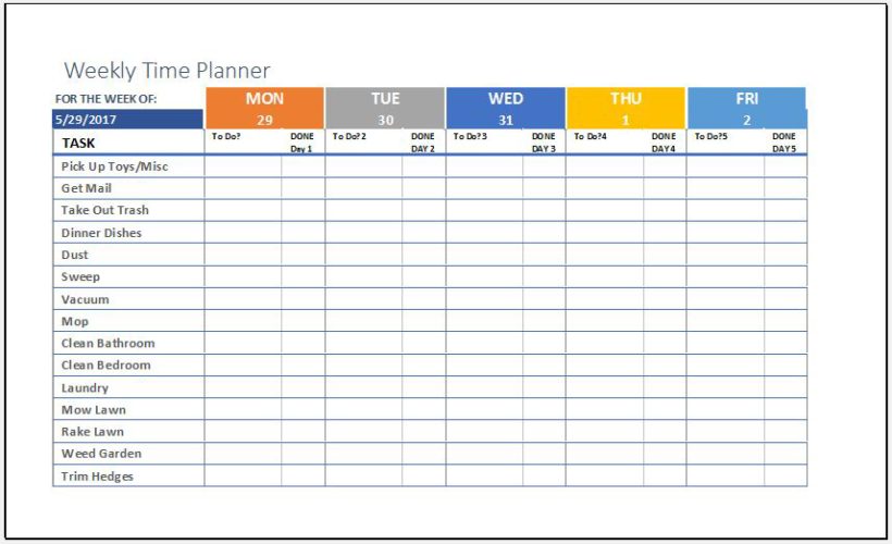 Weekly Time Planner Template for MS Excel | Excel Templates