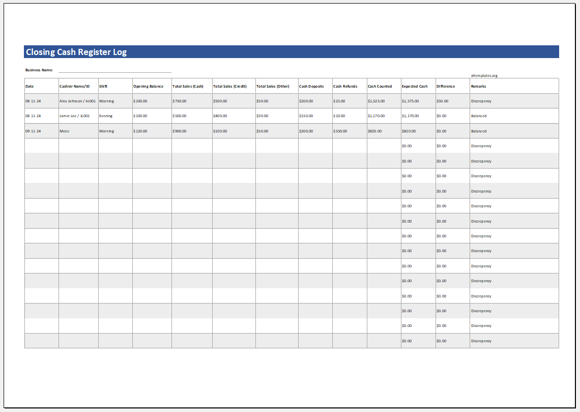 Closing Cash Register Template for MS Excel | Download File