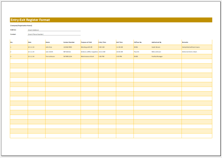 Visitor Entry Register Templates for MS Excel | Download