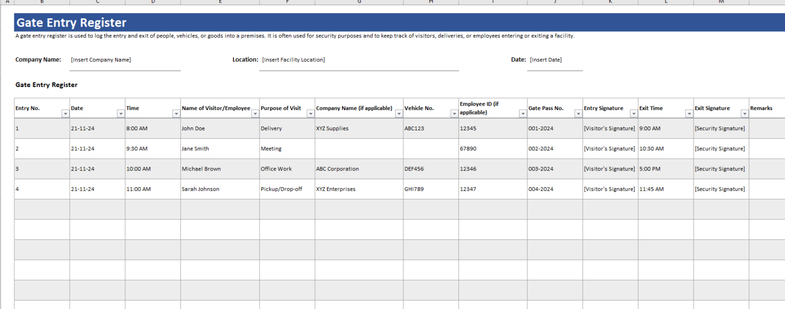 Visitor Entry Register Templates for MS Excel | Download