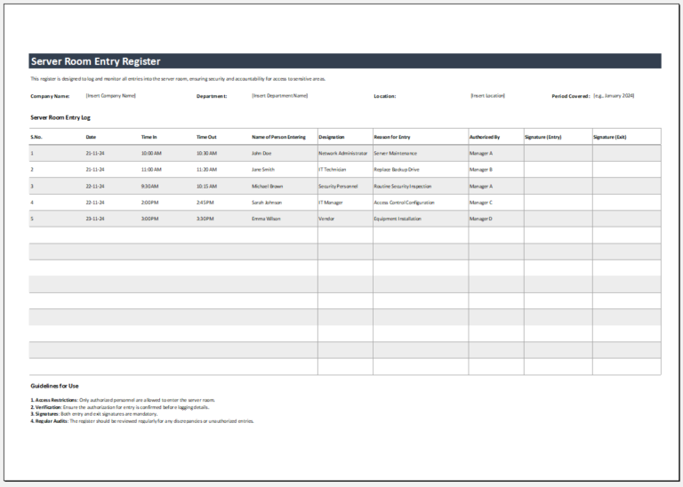 Visitor Entry Register Templates for MS Excel | Download