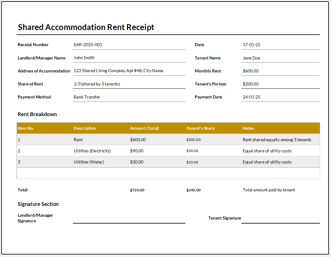 Various Types of Rent Payment Receipt Templates for MS Excel