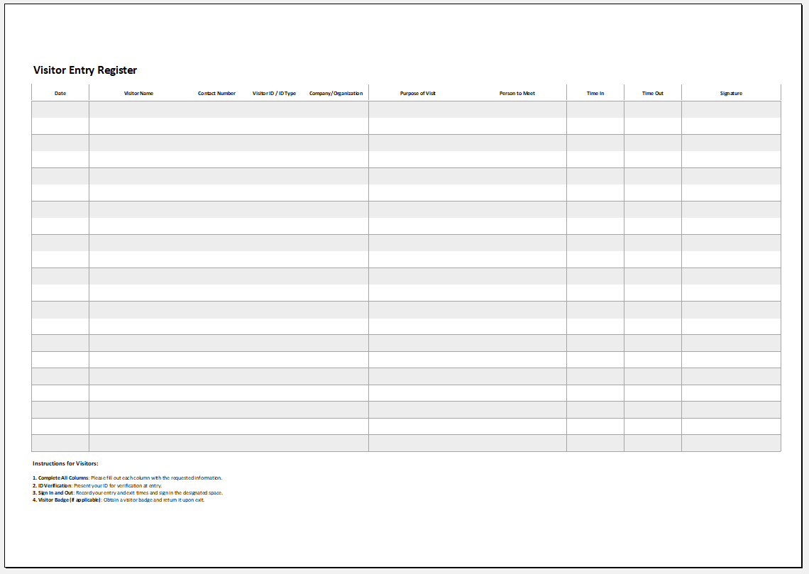 Visitor Entry Register Templates for MS Excel | Download