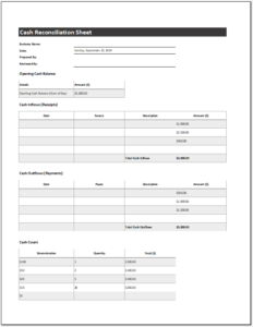 Cash Reconciliation Sheet Template for MS Excel | Download