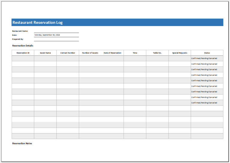 Restaurant Reservation Log Template for MS Excel | Download