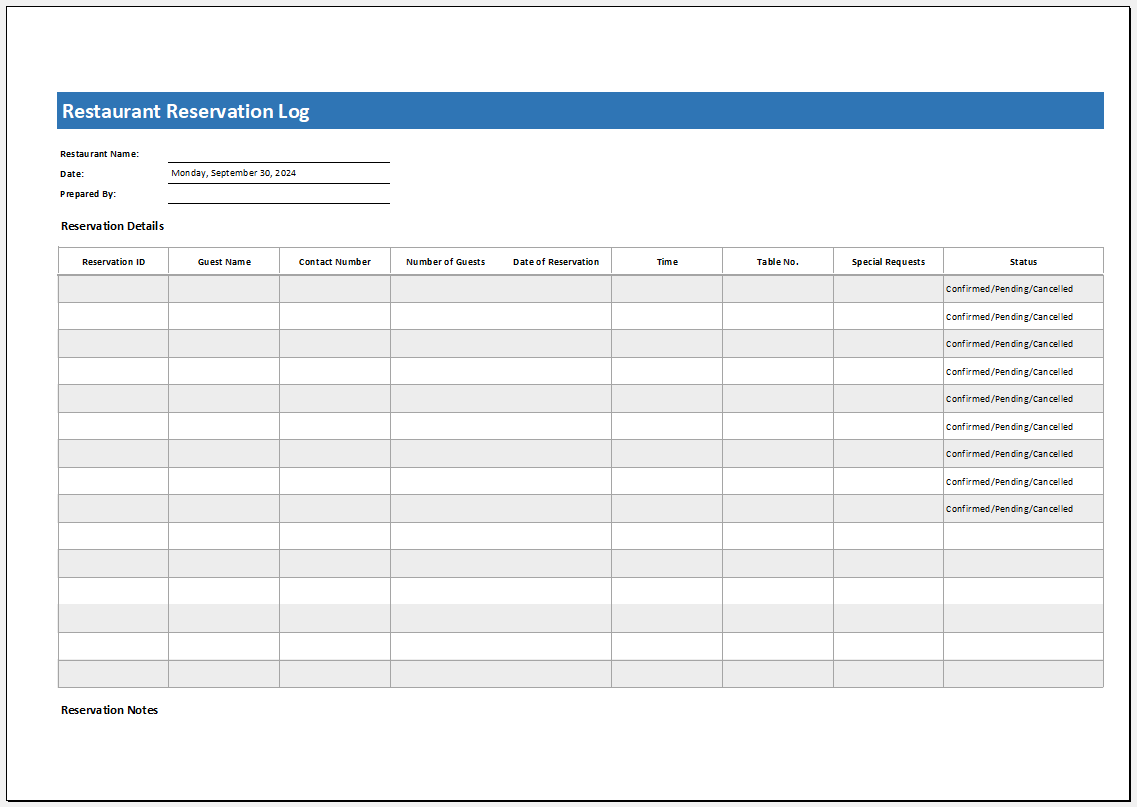 Restaurant Reservation Log Template for MS Excel | Download