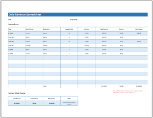 Daily Revenue Spreadsheet Template for MS Excel | Download