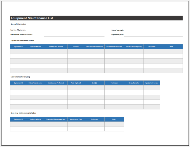 Equipment Maintenance List Template for MS Excel | Download