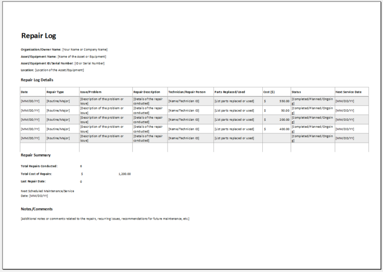 Repair Log Template for MS Excel | Excel Templates
