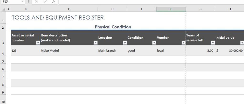 Tools and Equipment Register Template | Excel Templates