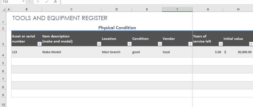 Tools and Equipment Register Template | Excel Templates