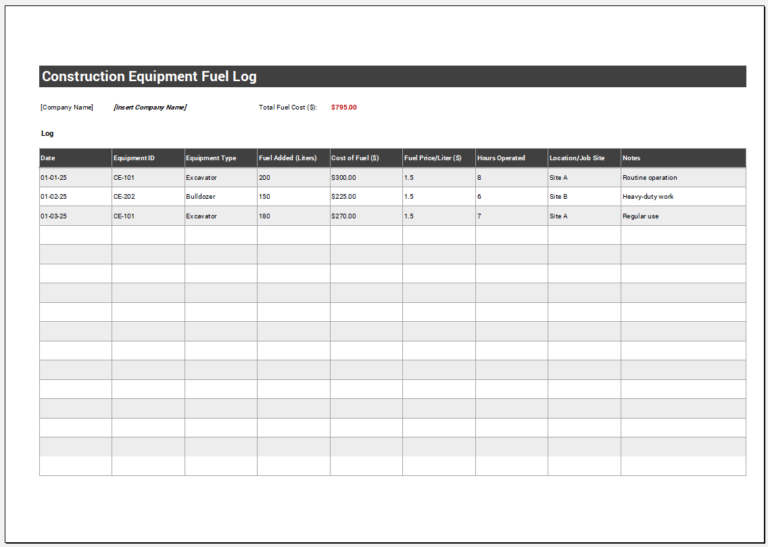 Printable Fuel Log Templates for MS Excel | Excel Templates
