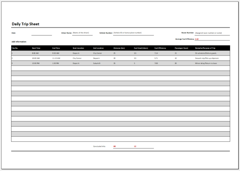 Daily Trip Sheet Templates for MS Excel | Excel Templates