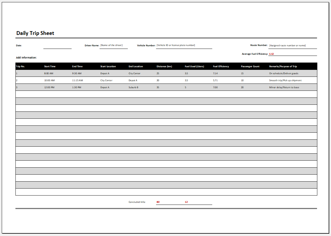 Daily Trip Sheet Templates for MS Excel | Excel Templates