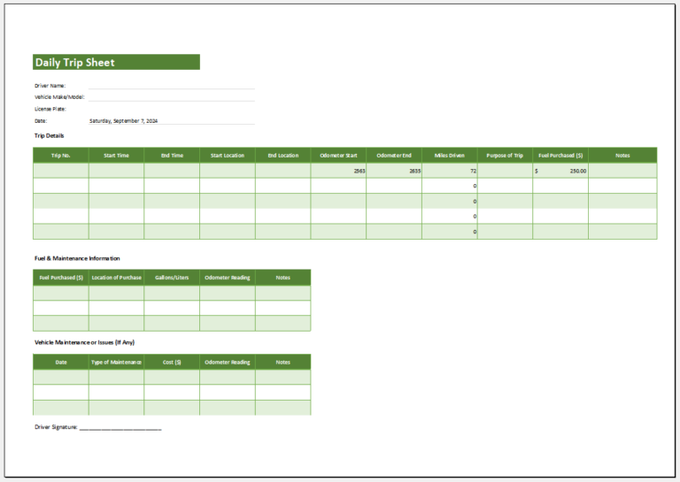 Daily Trip Sheet Templates for MS Excel | Excel Templates