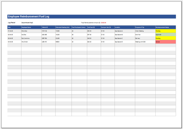 Printable Fuel Log Templates for MS Excel | Excel Templates