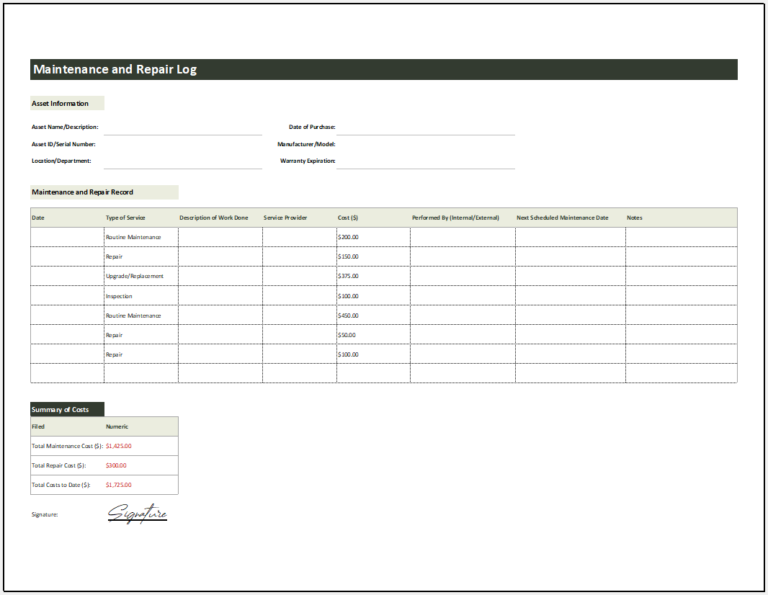 Maintenance and Repair Log Template for Excel | Download