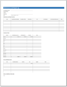Maintenance and Repair Log Template for Excel | Download