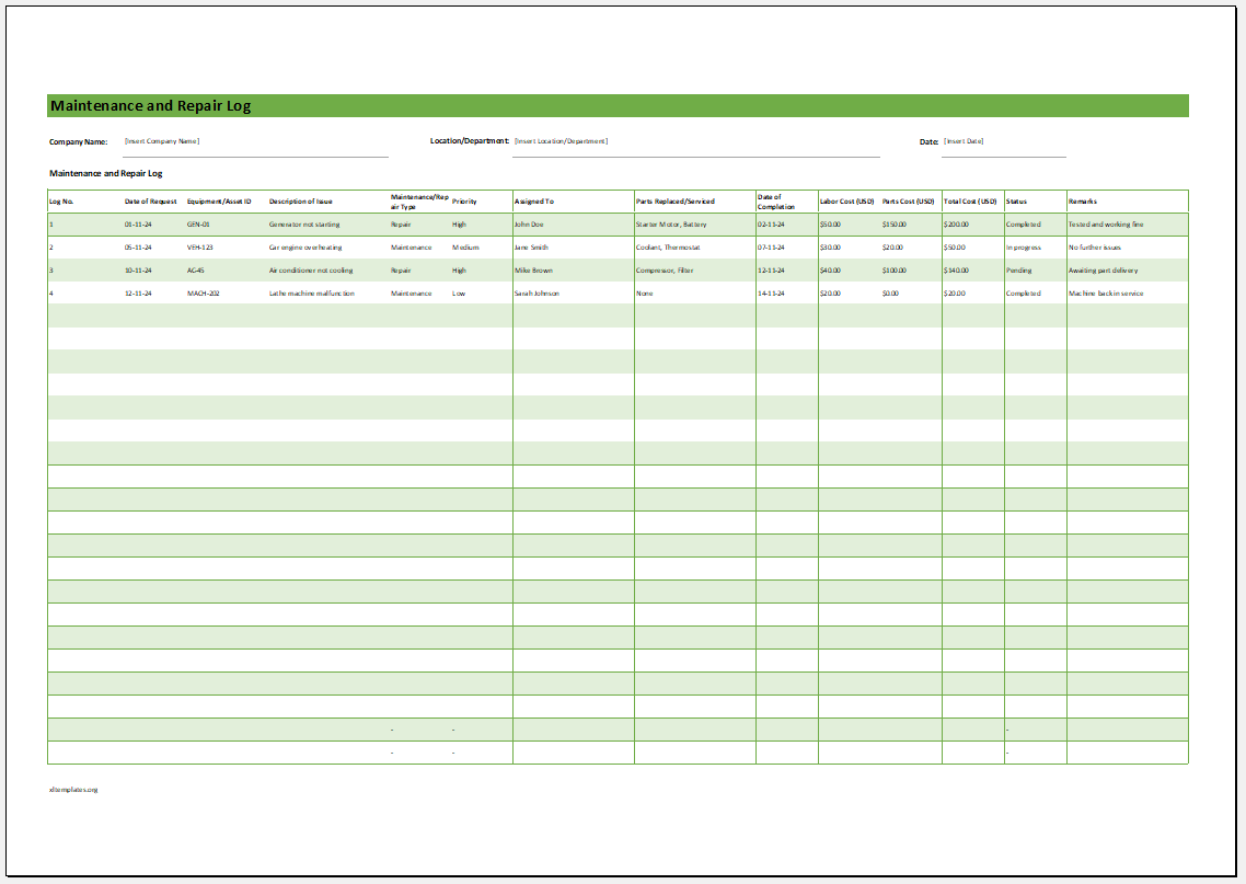 Maintenance and Repair Log Template for Excel | Download