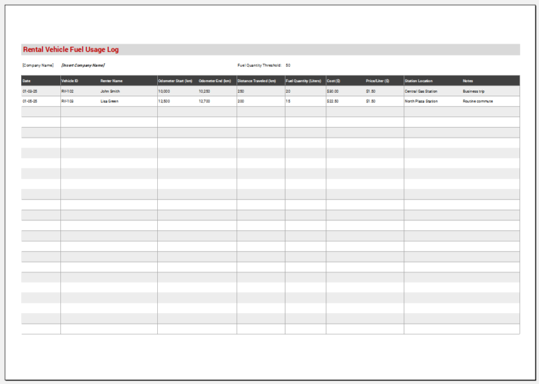 Printable Fuel Log Templates for MS Excel | Excel Templates