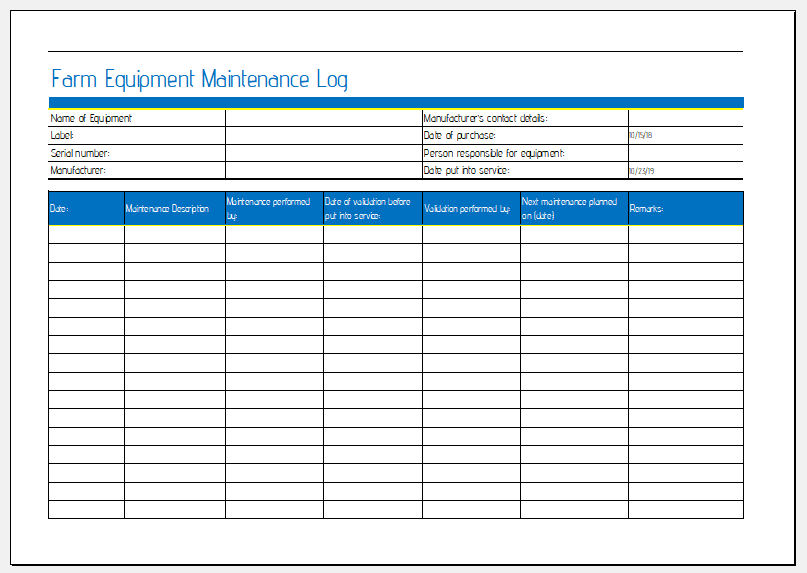 Printable Equipment Maintenance Log Template Excel