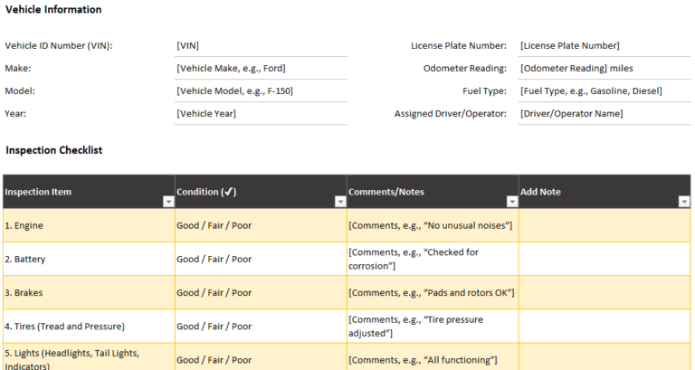 Vehicle Information & Inspection Sheet | Excel Templates