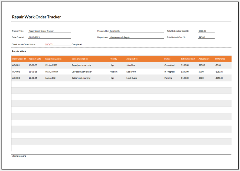 Work Order Tracker Templates for MS Excel | Excel Templates