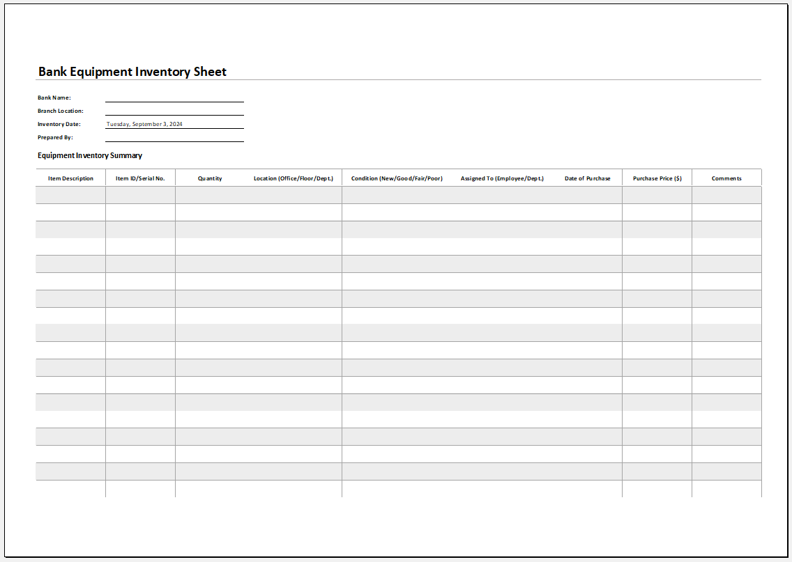 Bank Equipment Inventory Template for Excel | Download