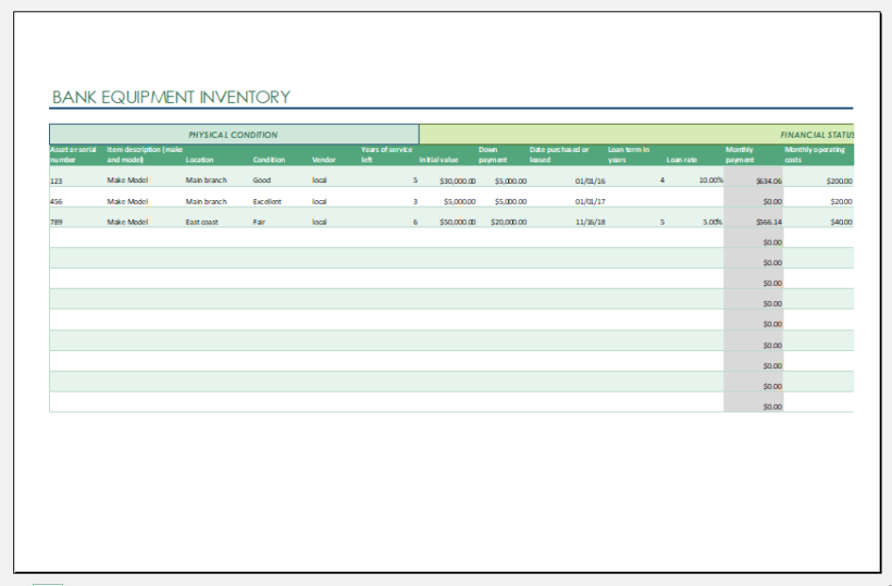 Bank Equipment Inventory Template for Excel | Download